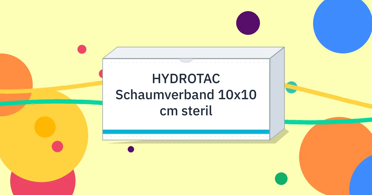 Symbolbild: Packung mit der Aufschrift HYDROTAC Schaumverband 10x10 cm steril (PZN 16596354) – Verfügbarkeit und Bezug in Apotheken in Frankfurt am Main