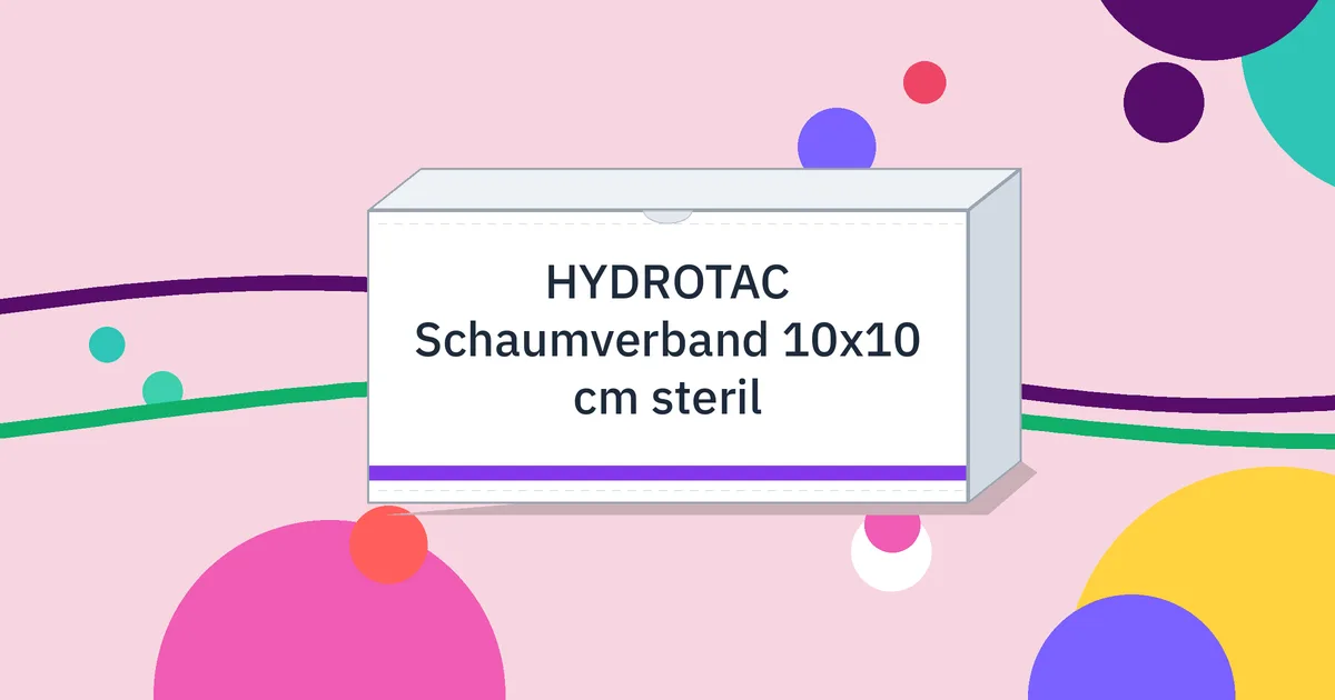 Symbolbild: Packung mit der Aufschrift HYDROTAC Schaumverband 10x10 cm steril (PZN 19533302) – Verfügbarkeit und Bezug in Apotheken in Frankfurt am Main