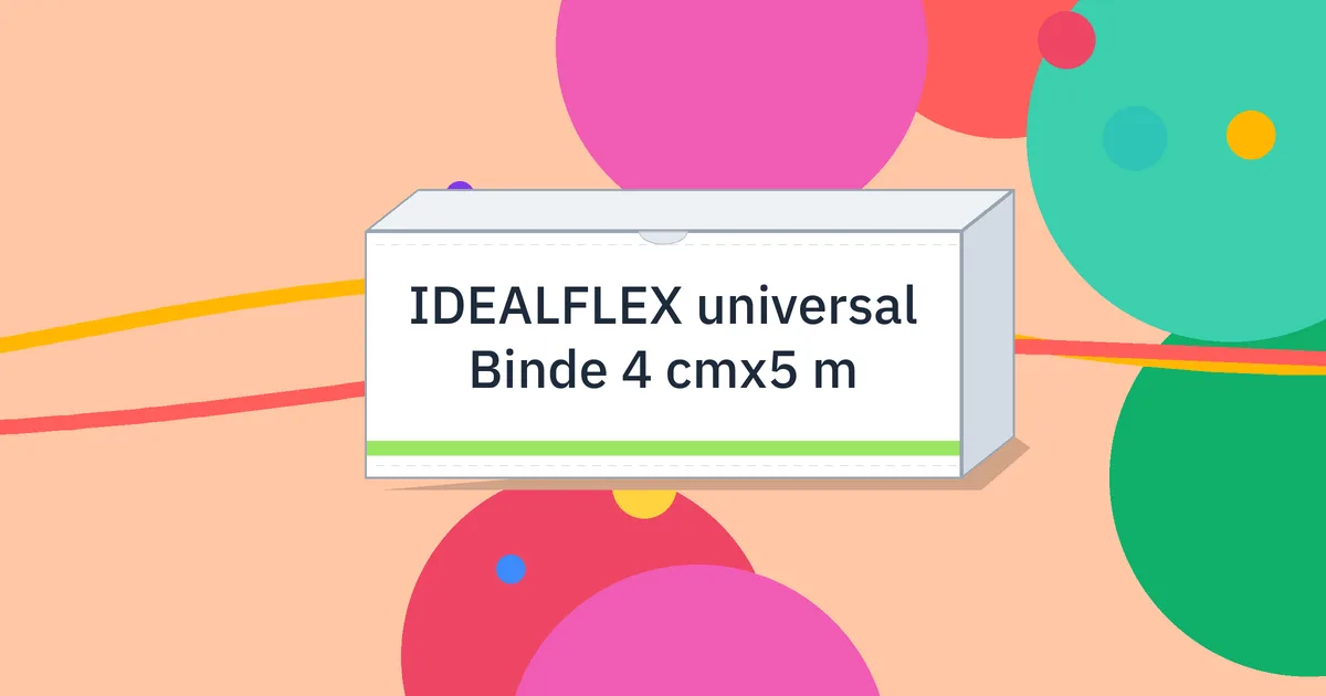Symbolbild: Packung mit der Aufschrift IDEALFLEX universal Binde 4 cmx5 m (PZN 18186235) – Verfügbarkeit und Bezug in Apotheken in Frankfurt am Main
