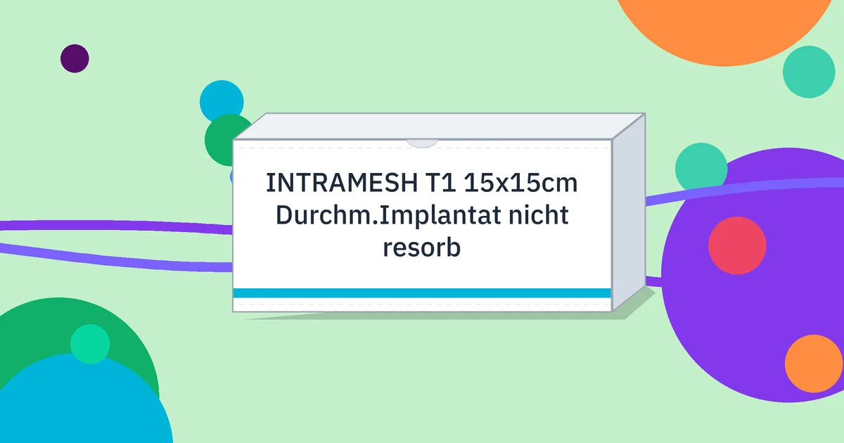 Symbolbild: Packung mit der Aufschrift INTRAMESH T1 15x15cm Durchm.Implantat nicht resorb (PZN 19504938) – Verfügbarkeit und Bezug in Apotheken in Frankfurt am Main