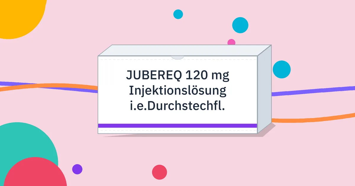 Symbolbild: Packung mit der Aufschrift JUBEREQ 120 mg Injektionslösung i.e.Durchstechfl. (PZN 19844597) – Verfügbarkeit und Bezug in Apotheken in Frankfurt am Main