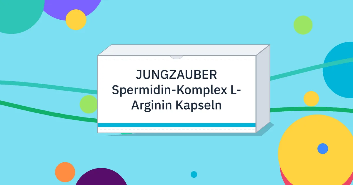 Symbolbild: Packung mit der Aufschrift JUNGZAUBER Spermidin-Komplex L-Arginin Kapseln (PZN 19745665) – Verfügbarkeit und Bezug in Apotheken in Frankfurt am Main