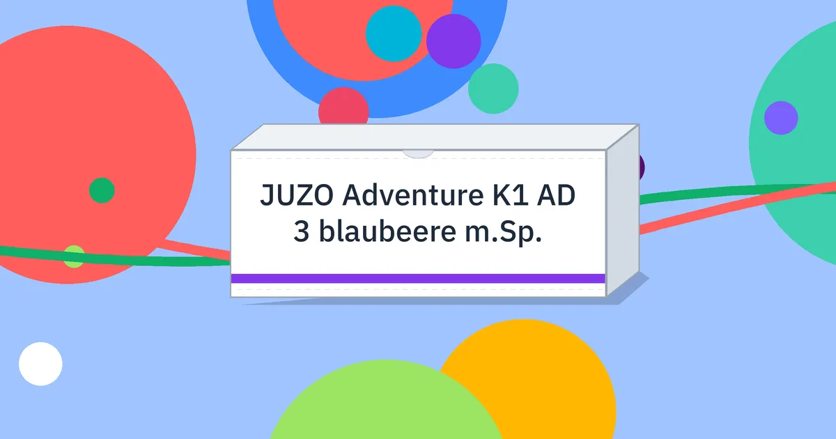 Symbolbild: Packung mit der Aufschrift JUZO Adventure K1 AD 3 blaubeere m.Sp. (PZN 16344569) – Verfügbarkeit und Bezug in Apotheken in Frankfurt am Main