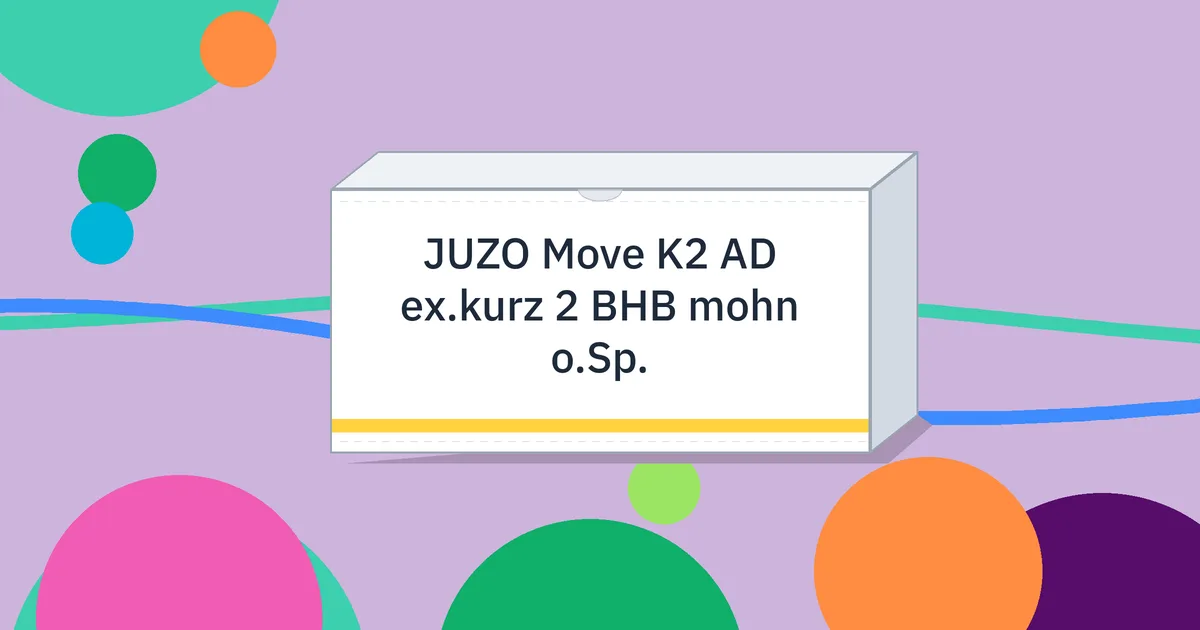 Symbolbild: Packung mit der Aufschrift JUZO Move K2 AD ex.kurz 2 BHB mohn o.Sp. (PZN 18542641) – Verfügbarkeit und Bezug in Apotheken in Frankfurt am Main