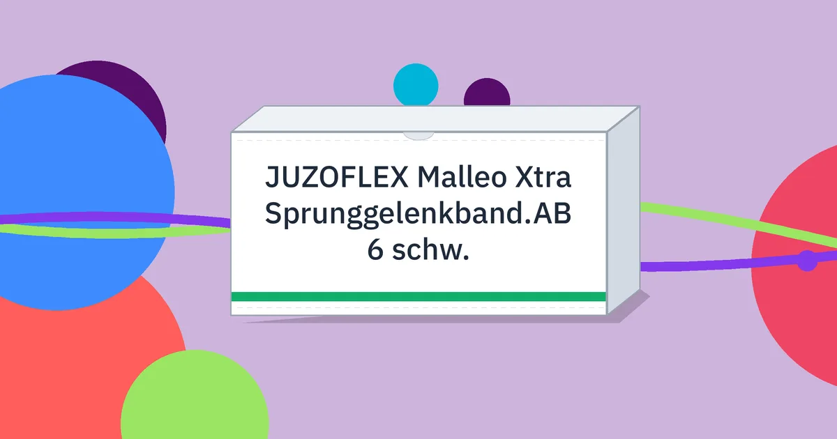 Symbolbild: Packung mit der Aufschrift JUZOFLEX Malleo Xtra Sprunggelenkband.AB 6 schw. (PZN 16635858) – Verfügbarkeit und Bezug in Apotheken in Frankfurt am Main