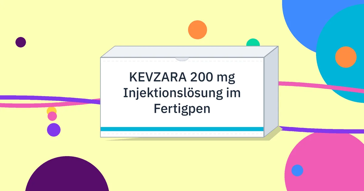 Symbolbild: Packung mit der Aufschrift KEVZARA 200 mg Injektionslösung im Fertigpen (PZN 19482237) – Verfügbarkeit und Bezug in Apotheken in Frankfurt am Main