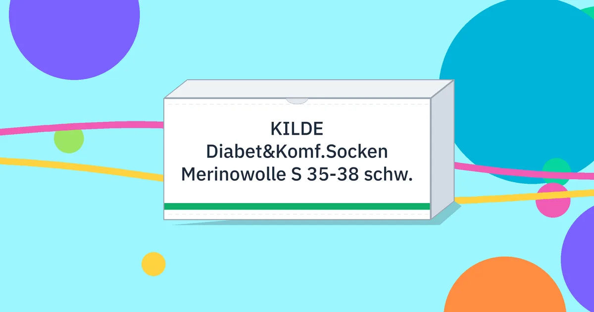 Symbolbild: Packung mit der Aufschrift KILDE Diabet&Komf.Socken Merinowolle S 35-38 schw. (PZN 20798402) – Verfügbarkeit und Bezug in Apotheken in Frankfurt am Main