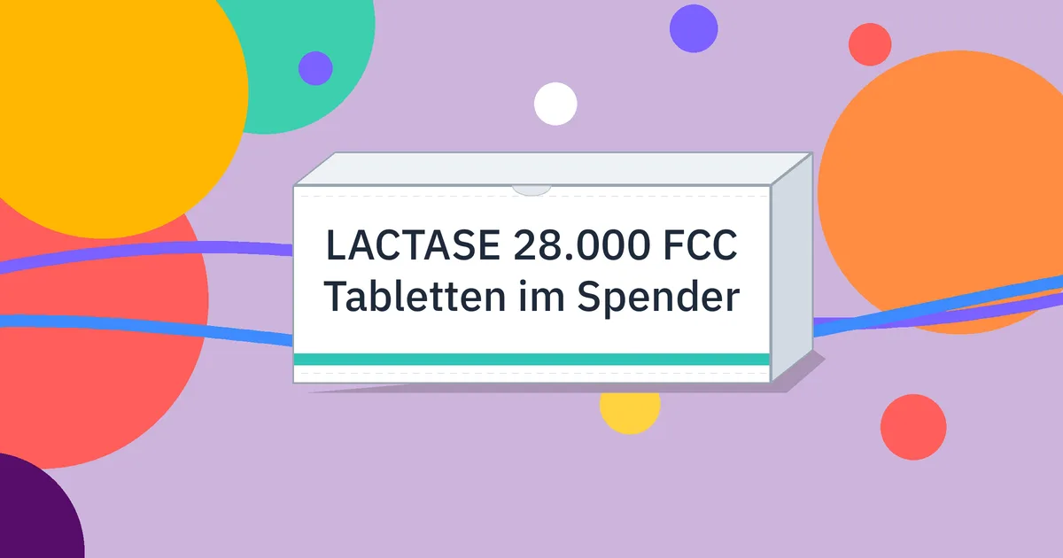 Symbolbild: Packung mit der Aufschrift LACTASE 28.000 FCC Tabletten im Spender (PZN 14275611) – Verfügbarkeit und Bezug in Apotheken in Frankfurt am Main
