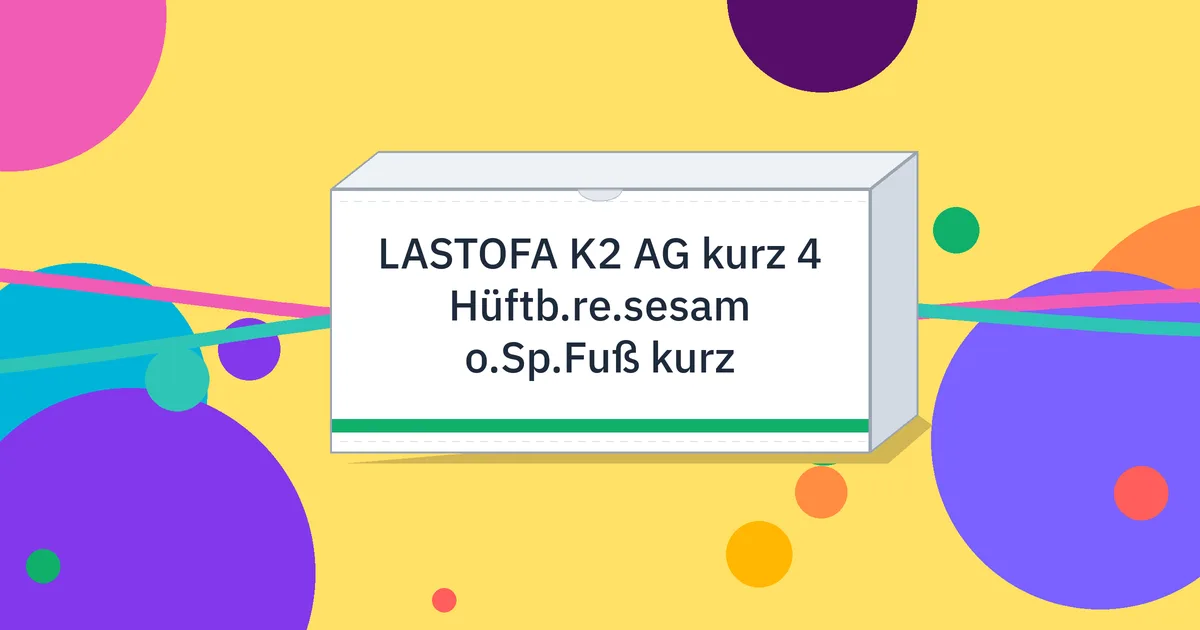 Symbolbild: Packung mit der Aufschrift LASTOFA K2 AG kurz 4 Hüftb.re.sesam o.Sp.Fuß kurz (PZN 13811705) – Verfügbarkeit und Bezug in Apotheken in Frankfurt am Main