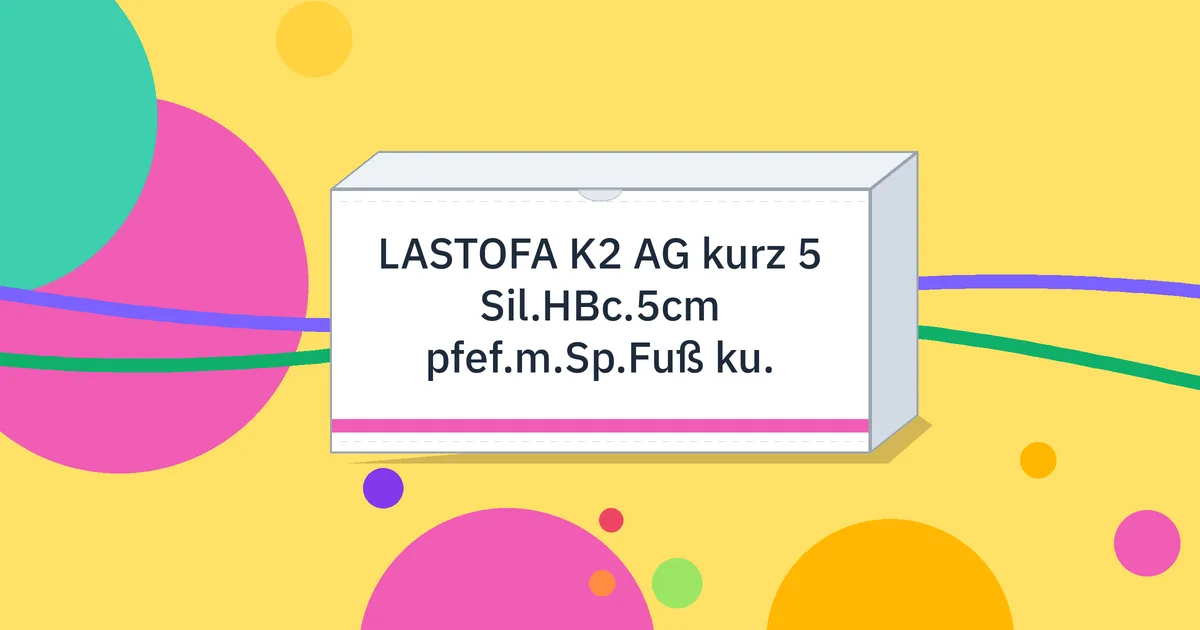 Symbolbild: Packung mit der Aufschrift LASTOFA K2 AG kurz 5 Sil.HBc.5cm pfef.m.Sp.Fuß ku. (PZN 13806992) – Verfügbarkeit und Bezug in Apotheken in Frankfurt am Main
