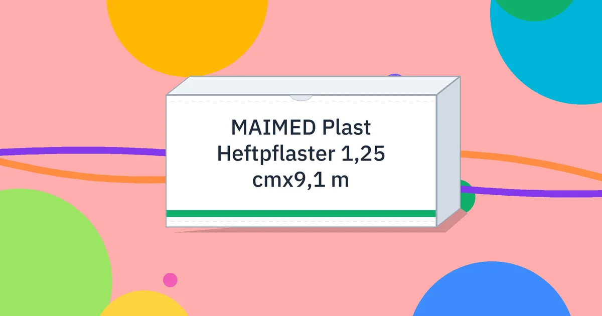 Symbolbild: Packung mit der Aufschrift MAIMED Plast Heftpflaster 1,25 cmx9,1 m (PZN 18037972) – Verfügbarkeit und Bezug in Apotheken in Frankfurt am Main