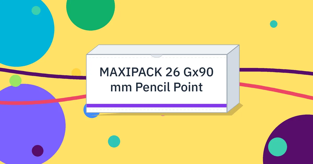 Symbolbild: Packung mit der Aufschrift MAXIPACK 26 Gx90 mm Pencil Point (PZN 09218516) – Verfügbarkeit und Bezug in Apotheken in Frankfurt am Main