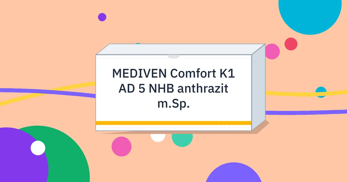 Symbolbild: Packung mit der Aufschrift MEDIVEN Comfort K1 AD 5 NHB anthrazit m.Sp. (PZN 14559998) – Verfügbarkeit und Bezug in Apotheken in Frankfurt am Main