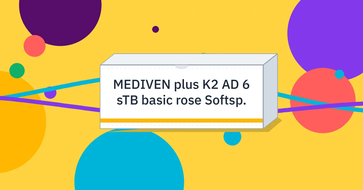 Symbolbild: Packung mit der Aufschrift MEDIVEN plus K2 AD 6 sTB basic rose Softsp. (PZN 15095845) – Verfügbarkeit und Bezug in Apotheken in Frankfurt am Main