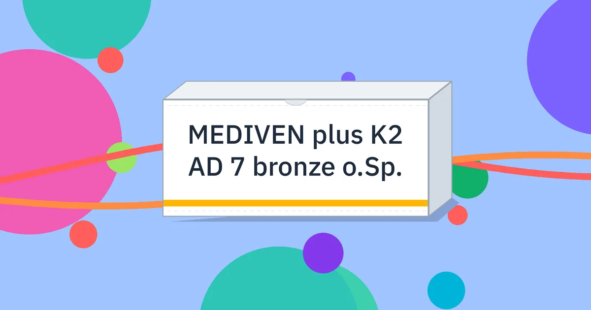 Symbolbild: Packung mit der Aufschrift MEDIVEN plus K2 AD 7 bronze o.Sp. (PZN 15093510) – Verfügbarkeit und Bezug in Apotheken in Frankfurt am Main