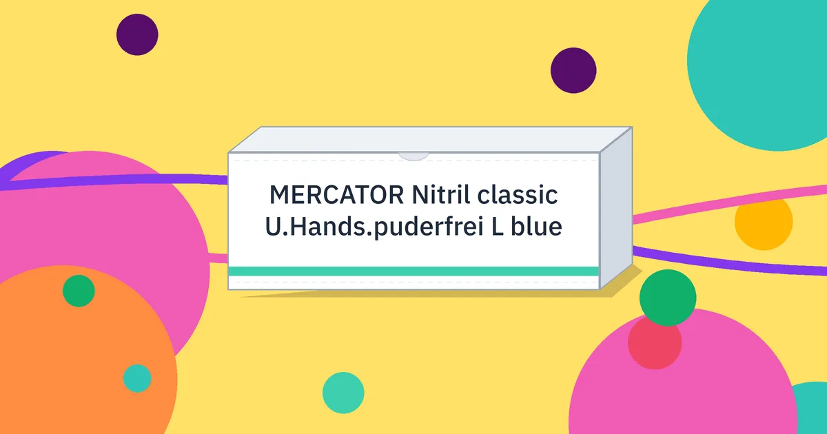 Symbolbild: Packung mit der Aufschrift MERCATOR Nitril classic U.Hands.puderfrei L blue (PZN 19843066) – Verfügbarkeit und Bezug in Apotheken in Frankfurt am Main