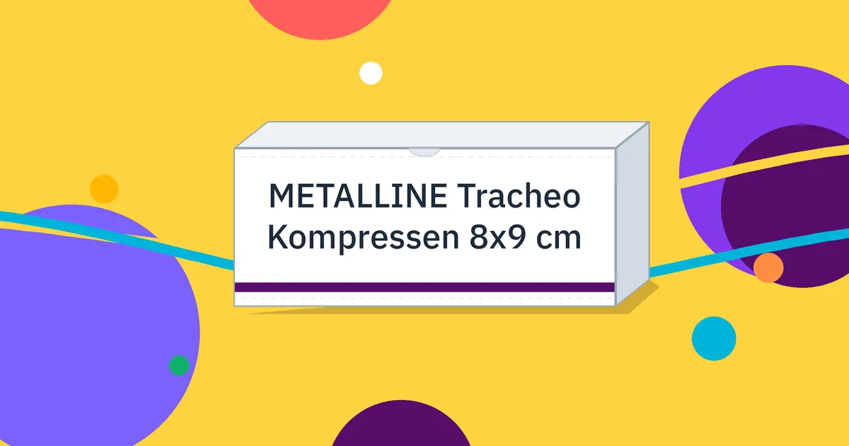 Symbolbild: Packung mit der Aufschrift METALLINE Tracheo Kompressen 8x9 cm (PZN 19813154) – Verfügbarkeit und Bezug in Apotheken in Frankfurt am Main