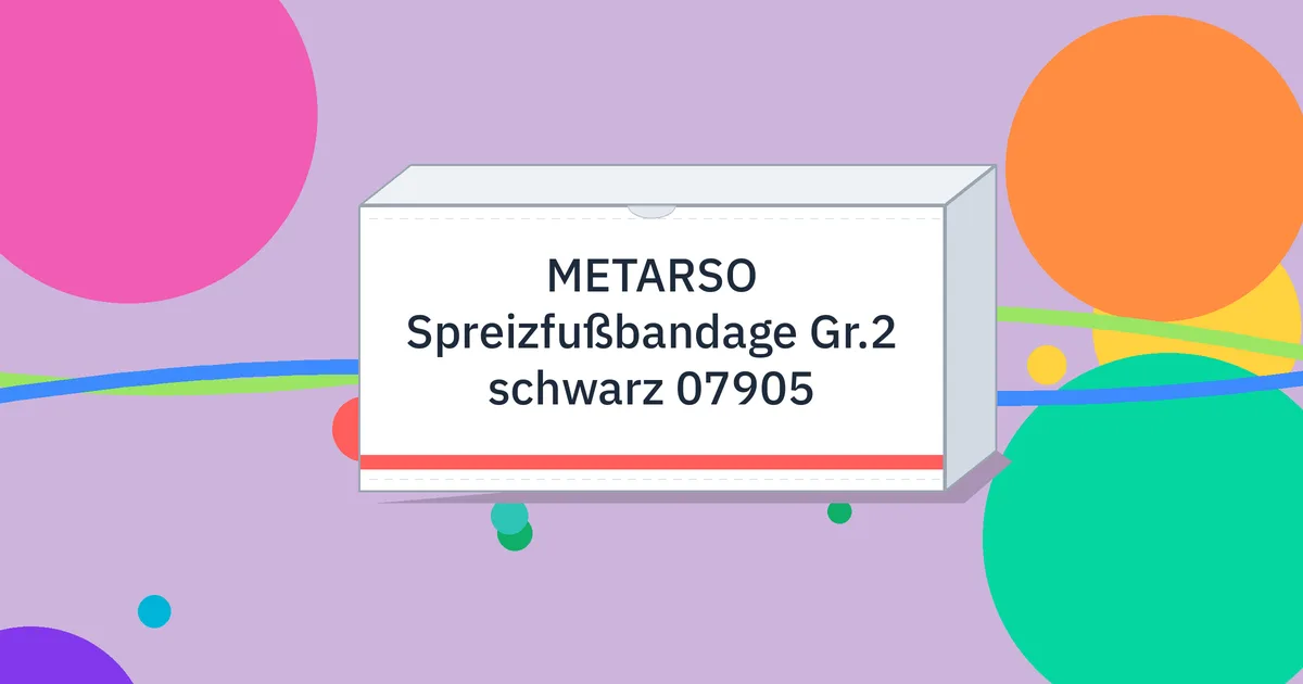 Symbolbild: Packung mit der Aufschrift METARSO Spreizfußbandage Gr.2 schwarz 07905 (PZN 03549258) – Verfügbarkeit und Bezug in Apotheken in Frankfurt am Main