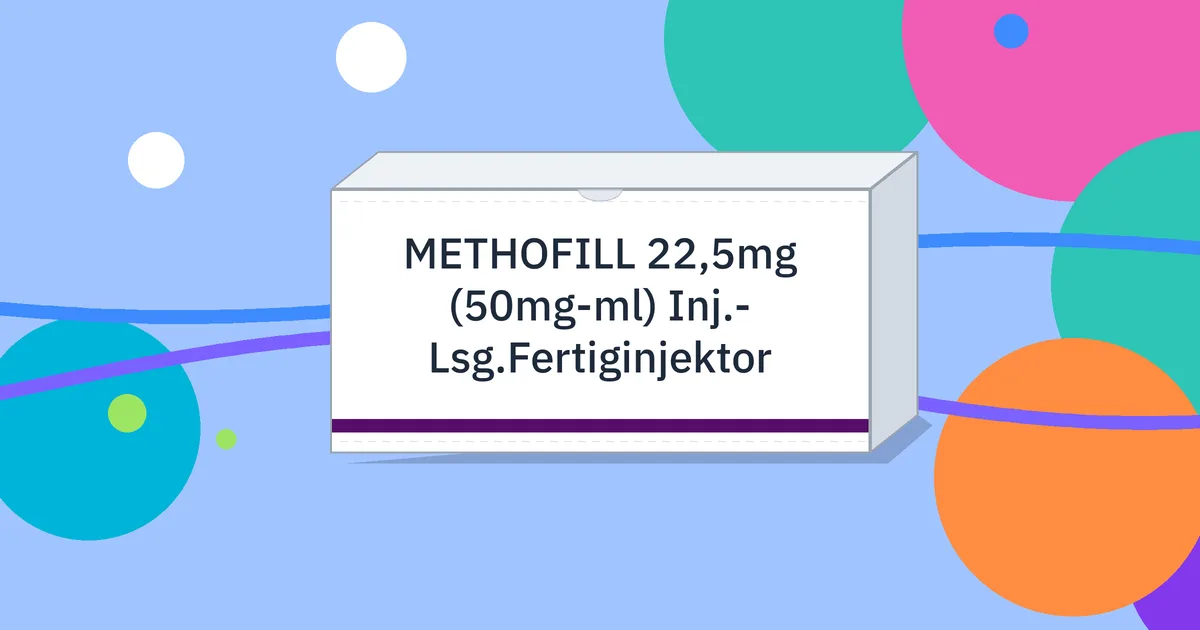 Symbolbild: Packung mit der Aufschrift METHOFILL 22,5mg (50mg-ml) Inj.-Lsg.Fertiginjektor (PZN 18660990) – Verfügbarkeit und Bezug in Apotheken in Frankfurt am Main