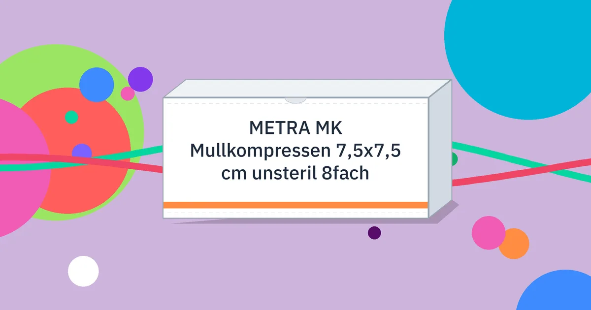 Symbolbild: Packung mit der Aufschrift METRA MK Mullkompressen 7,5x7,5 cm unsteril 8fach (PZN 07771433) – Verfügbarkeit und Bezug in Apotheken in Frankfurt am Main