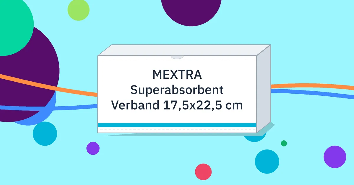 Symbolbild: Packung mit der Aufschrift MEXTRA Superabsorbent Verband 17,5x22,5 cm (PZN 20545150) – Verfügbarkeit und Bezug in Apotheken in Frankfurt am Main