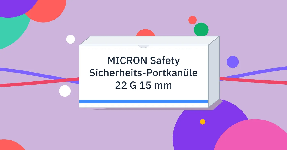 Symbolbild: Packung mit der Aufschrift MICRON Safety Sicherheits-Portkanüle 22 G 15 mm (PZN 19113356) – Verfügbarkeit und Bezug in Apotheken in Frankfurt am Main