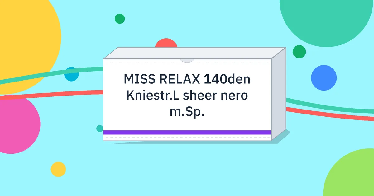Symbolbild: Packung mit der Aufschrift MISS RELAX 140den Kniestr.L sheer nero m.Sp. (PZN 20377037) – Verfügbarkeit und Bezug in Apotheken in Frankfurt am Main