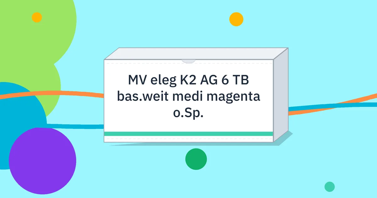 Symbolbild: Packung mit der Aufschrift MV eleg K2 AG 6 TB bas.weit medi magenta o.Sp. (PZN 15283311) – Verfügbarkeit und Bezug in Apotheken in Frankfurt am Main