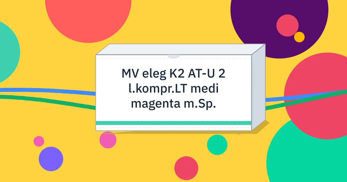 Symbolbild: Packung mit der Aufschrift MV eleg K2 AT-U 2 l.kompr.LT medi magenta m.Sp. (PZN 15289733) – Verfügbarkeit und Bezug in Apotheken in Frankfurt am Main