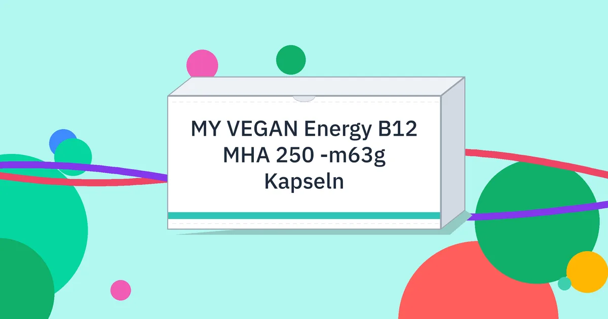 Symbolbild: Packung mit der Aufschrift MY VEGAN Energy B12 MHA 250 -m63g Kapseln (PZN 13989283) – Verfügbarkeit und Bezug in Apotheken in Frankfurt am Main