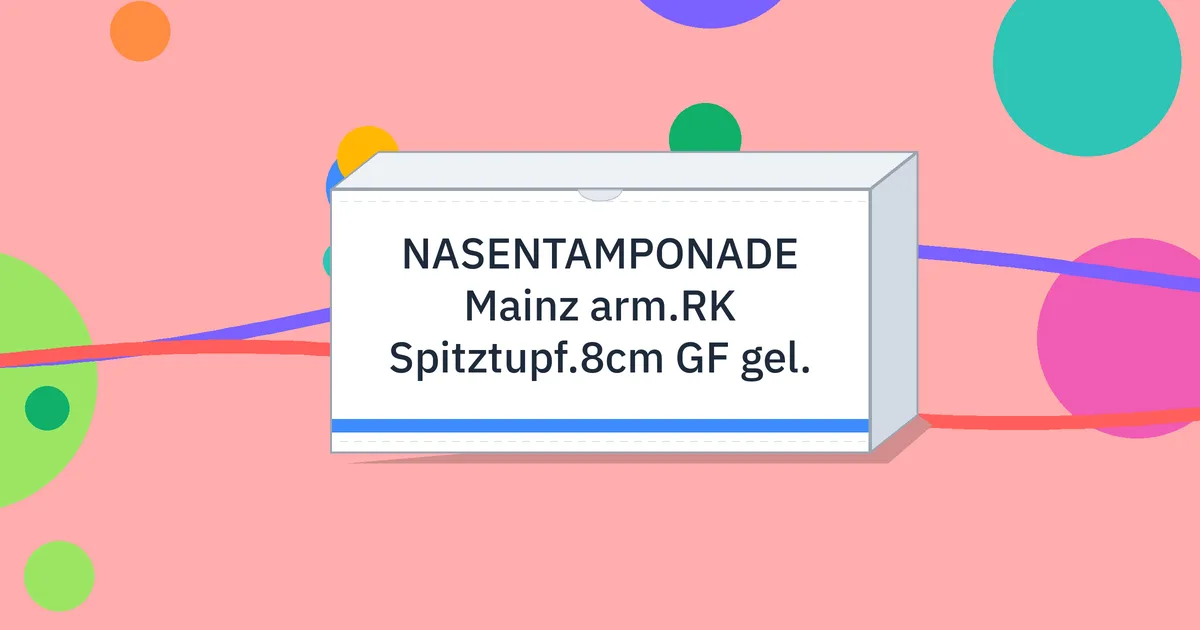 Symbolbild: Packung mit der Aufschrift NASENTAMPONADE Mainz arm.RK Spitztupf.8cm GF gel. (PZN 16145456) – Verfügbarkeit und Bezug in Apotheken in Frankfurt am Main