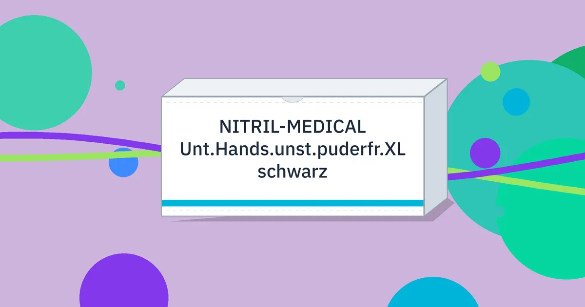 Symbolbild: Packung mit der Aufschrift NITRIL-MEDICAL Unt.Hands.unst.puderfr.XL schwarz (PZN 18408434) – Verfügbarkeit und Bezug in Apotheken in Frankfurt am Main