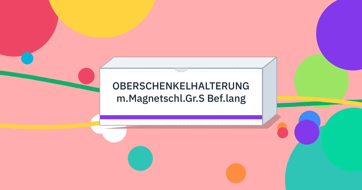 Symbolbild: Packung mit der Aufschrift OBERSCHENKELHALTERUNG m.Magnetschl.Gr.S Bef.lang (PZN 09168238) – Verfügbarkeit und Bezug in Apotheken in Frankfurt am Main