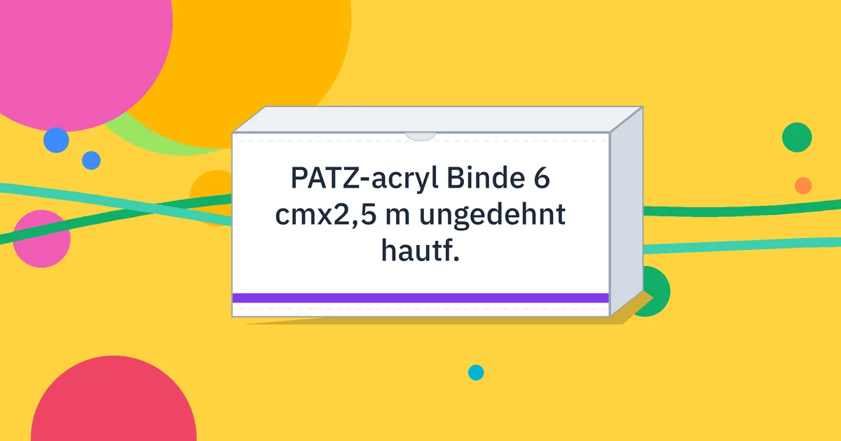Symbolbild: Packung mit der Aufschrift PATZ-acryl Binde 6 cmx2,5 m ungedehnt hautf. (PZN 06814608) – Verfügbarkeit und Bezug in Apotheken in Frankfurt am Main
