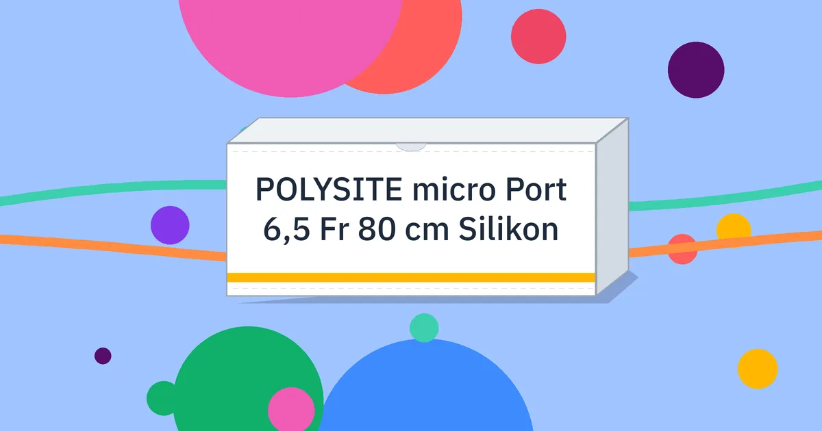 Symbolbild: Packung mit der Aufschrift POLYSITE micro Port 6,5 Fr 80 cm Silikon (PZN 12340103) – Verfügbarkeit und Bezug in Apotheken in Frankfurt am Main