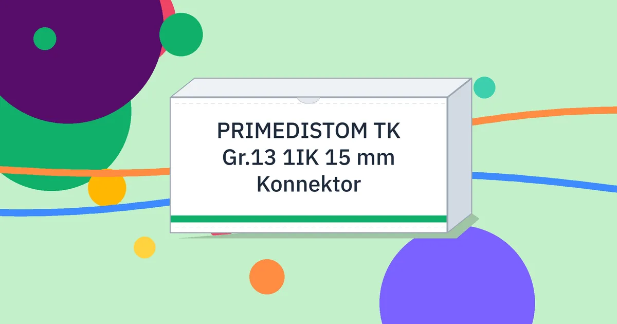Symbolbild: Packung mit der Aufschrift PRIMEDISTOM TK Gr.13 1IK 15 mm Konnektor (PZN 10316767) – Verfügbarkeit und Bezug in Apotheken in Frankfurt am Main