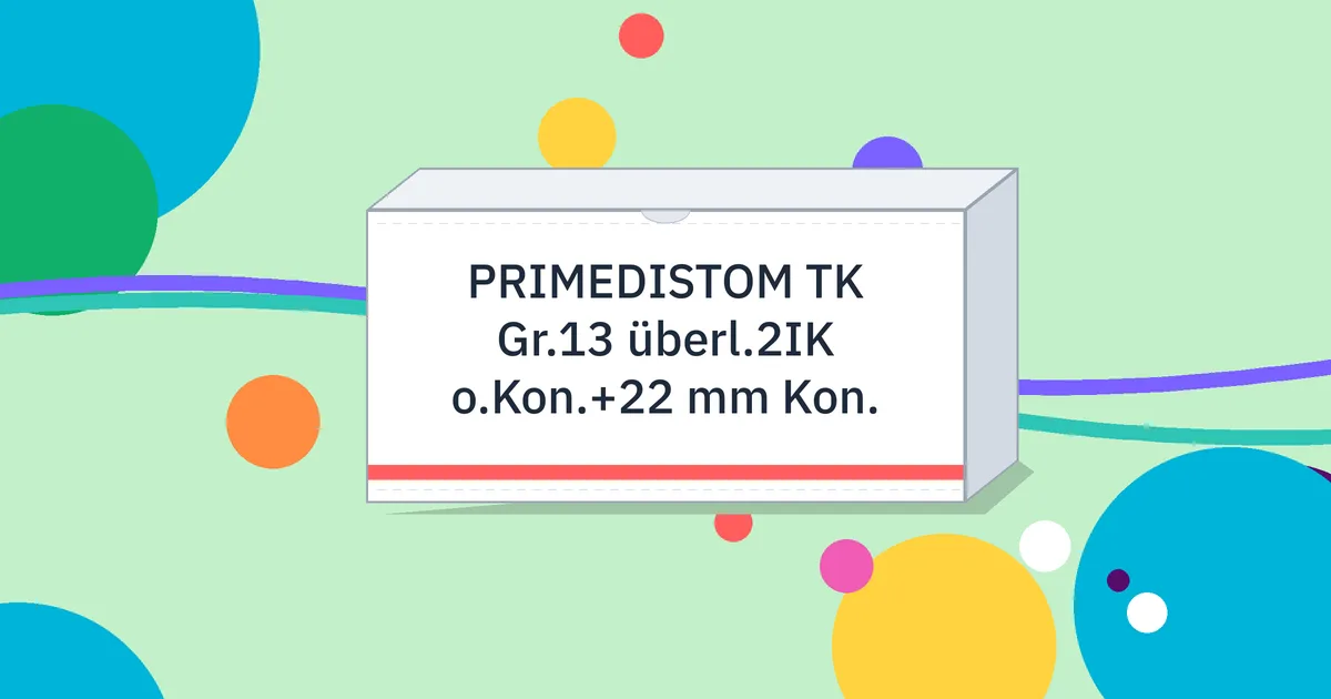 Symbolbild: Packung mit der Aufschrift PRIMEDISTOM TK Gr.13 überl.2IK o.Kon.+22 mm Kon. (PZN 10266408) – Verfügbarkeit und Bezug in Apotheken in Frankfurt am Main