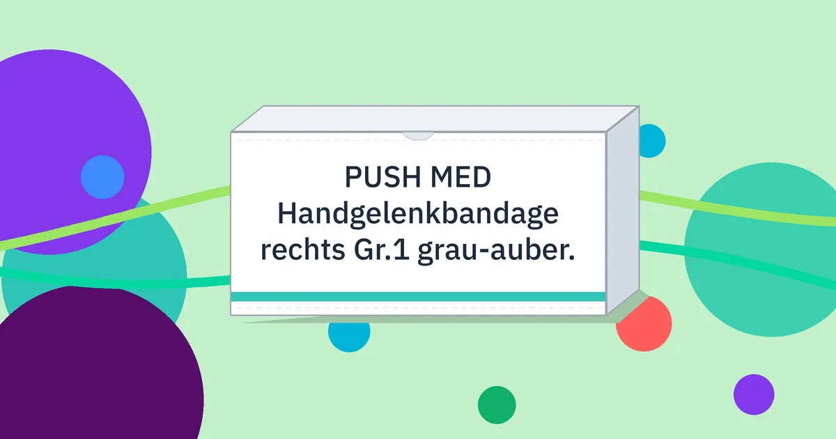 Symbolbild: Packung mit der Aufschrift PUSH MED Handgelenkbandage rechts Gr.1 grau-auber. (PZN 04860768) – Verfügbarkeit und Bezug in Apotheken in Frankfurt am Main