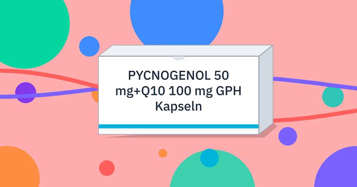 Symbolbild: Packung mit der Aufschrift PYCNOGENOL 50 mg+Q10 100 mg GPH Kapseln (PZN 01161018) – Verfügbarkeit und Bezug in Apotheken in Frankfurt am Main