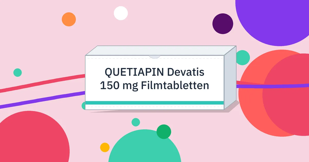 Symbolbild: Packung mit der Aufschrift QUETIAPIN Devatis 150 mg Filmtabletten (PZN 17235888) – Verfügbarkeit und Bezug in Apotheken in Frankfurt am Main