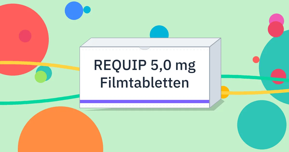 Symbolbild: Packung mit der Aufschrift REQUIP 5,0 mg Filmtabletten (PZN 01413520) – Verfügbarkeit und Bezug in Apotheken in Frankfurt am Main