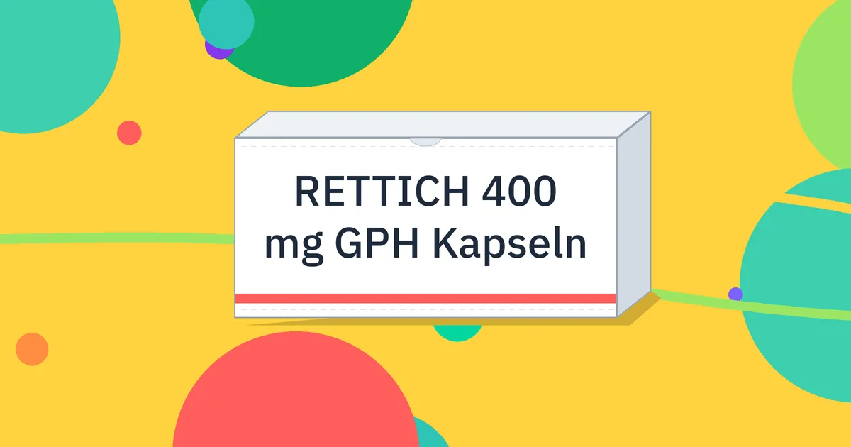 Symbolbild: Packung mit der Aufschrift RETTICH 400 mg GPH Kapseln (PZN 00129656) – Verfügbarkeit und Bezug in Apotheken in Frankfurt am Main