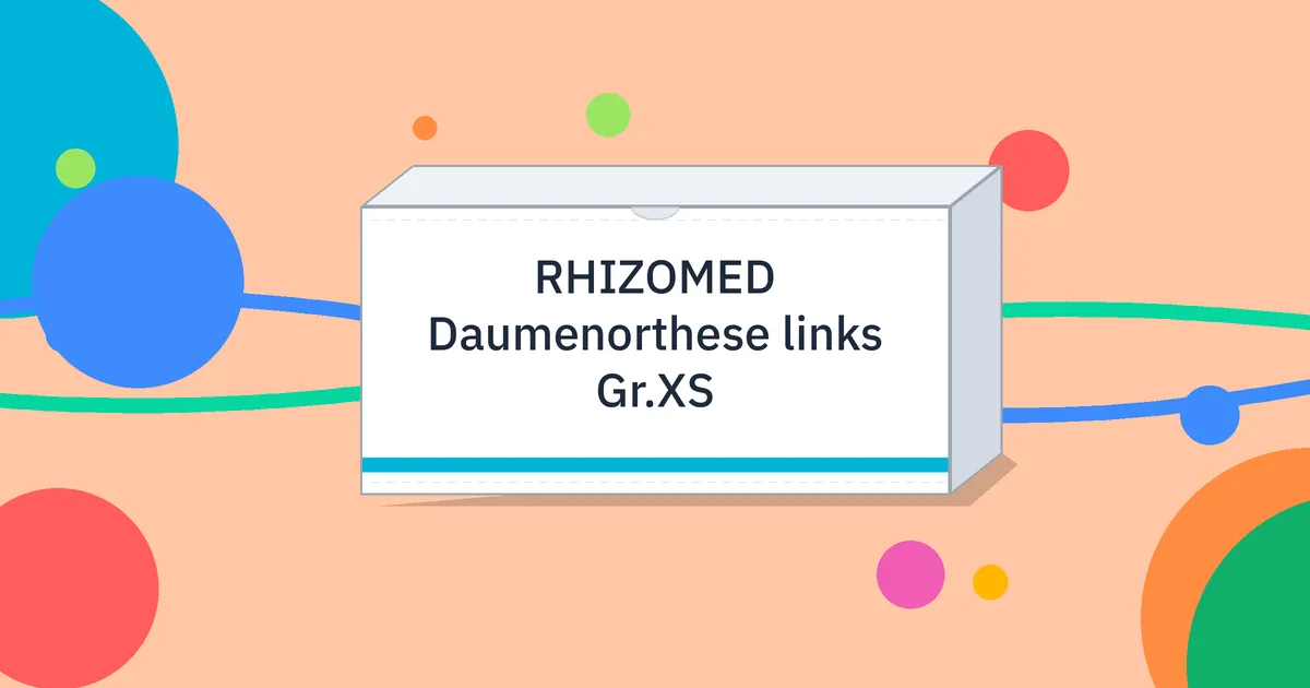 Symbolbild: Packung mit der Aufschrift RHIZOMED Daumenorthese links Gr.XS (PZN 05385536) – Verfügbarkeit und Bezug in Apotheken in Frankfurt am Main