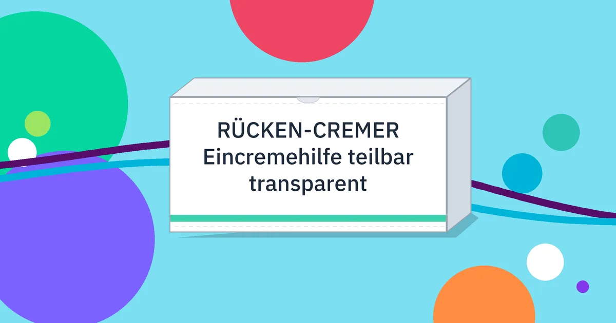Symbolbild: Packung mit der Aufschrift RÜCKEN-CREMER Eincremehilfe teilbar transparent (PZN 20015989) – Verfügbarkeit und Bezug in Apotheken in Frankfurt am Main