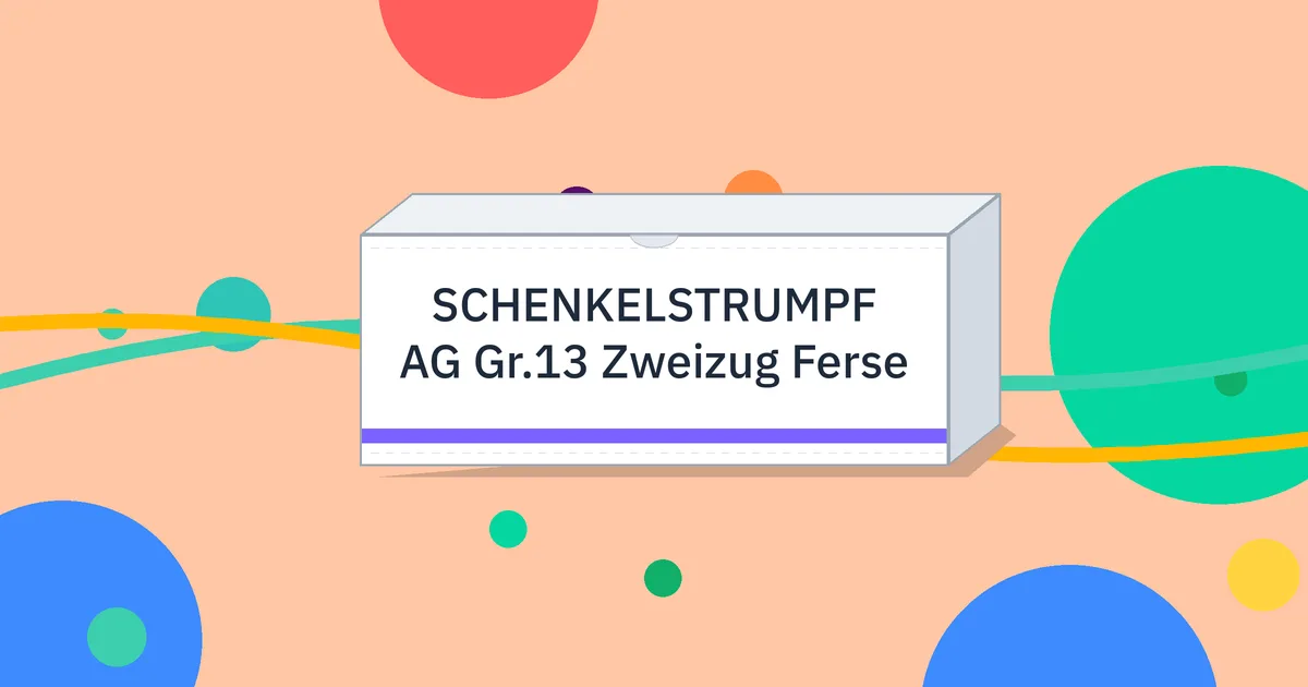 Symbolbild: Packung mit der Aufschrift SCHENKELSTRUMPF AG Gr.13 Zweizug Ferse (PZN 01738328) – Verfügbarkeit und Bezug in Apotheken in Frankfurt am Main