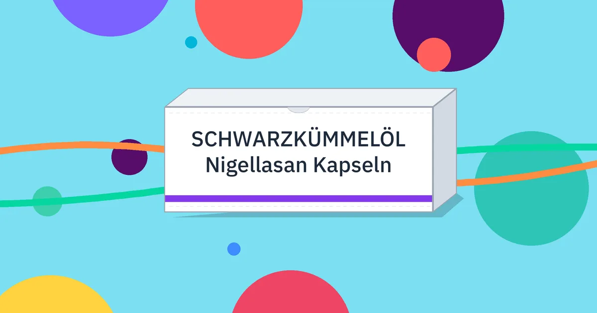 Symbolbild: Packung mit der Aufschrift SCHWARZKÜMMELÖL Nigellasan Kapseln (PZN 17874329) – Verfügbarkeit und Bezug in Apotheken in Frankfurt am Main