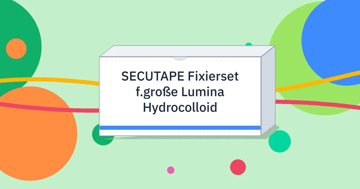 Symbolbild: Packung mit der Aufschrift SECUTAPE Fixierset f.große Lumina Hydrocolloid (PZN 19957953) – Verfügbarkeit und Bezug in Apotheken in Frankfurt am Main
