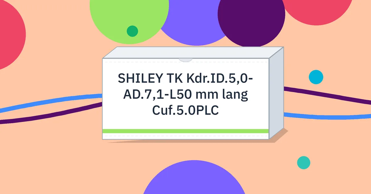 Symbolbild: Packung mit der Aufschrift SHILEY TK Kdr.ID.5,0-AD.7,1-L50 mm lang Cuf.5.0PLC (PZN 03380204) – Verfügbarkeit und Bezug in Apotheken in Frankfurt am Main