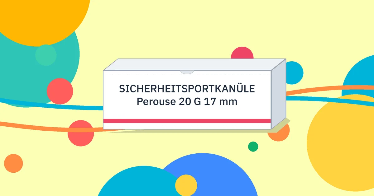 Symbolbild: Packung mit der Aufschrift SICHERHEITSPORTKANÜLE Perouse 20 G 17 mm (PZN 08782404) – Verfügbarkeit und Bezug in Apotheken in Frankfurt am Main