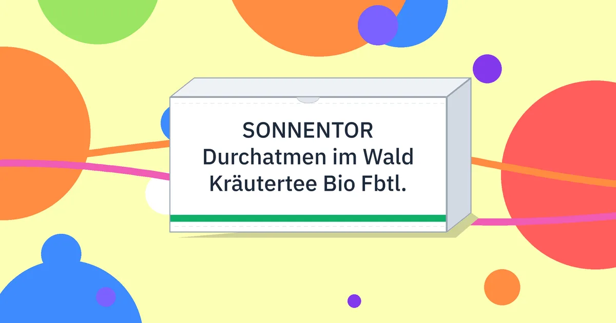 Symbolbild: Packung mit der Aufschrift SONNENTOR Durchatmen im Wald Kräutertee Bio Fbtl. (PZN 18902039) – Verfügbarkeit und Bezug in Apotheken in Frankfurt am Main